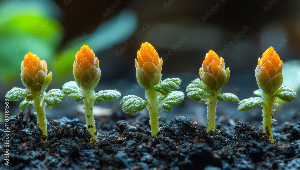 New buds emerge from rich soil in a garden setting. Five vibrant buds ...