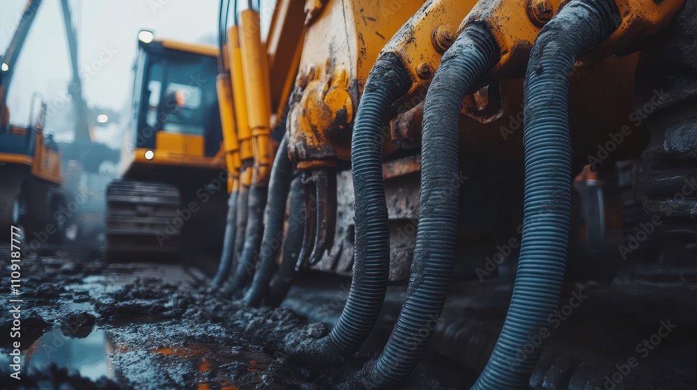 Heavy Construction Equipment Concept, Close-Up of Hydraulic Hoses on an ...
