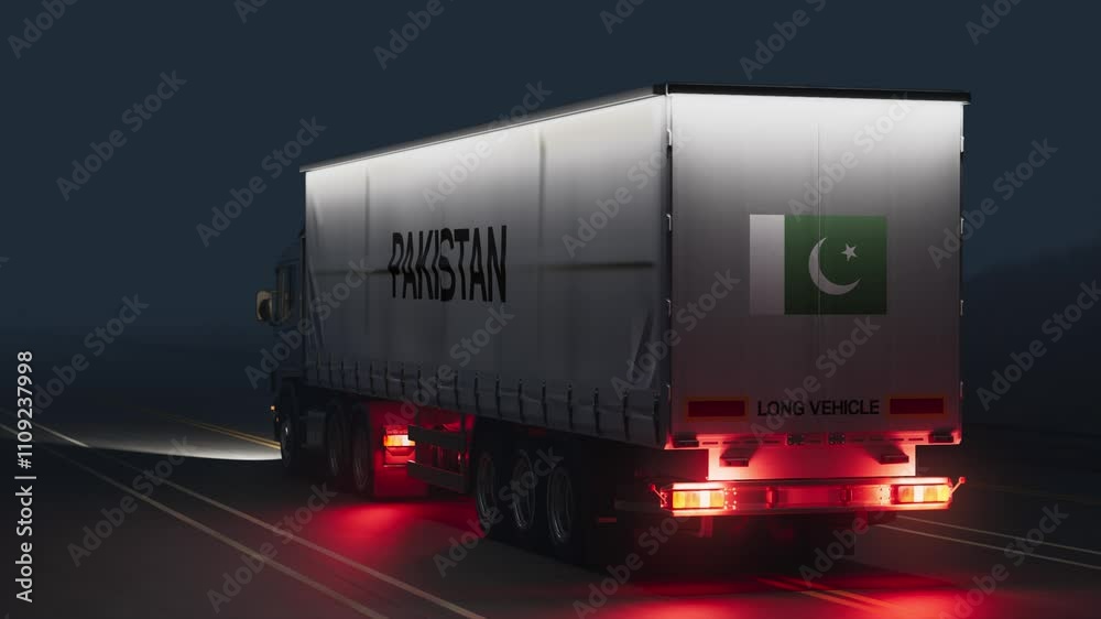 Logistics and Transportation Driving Truck Lorry at Night with Flag and ...