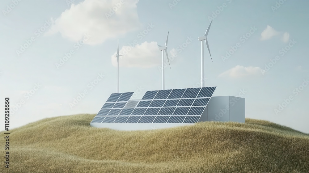 Renewable Energy Landscape with Solar Panels and Wind Turbines on ...