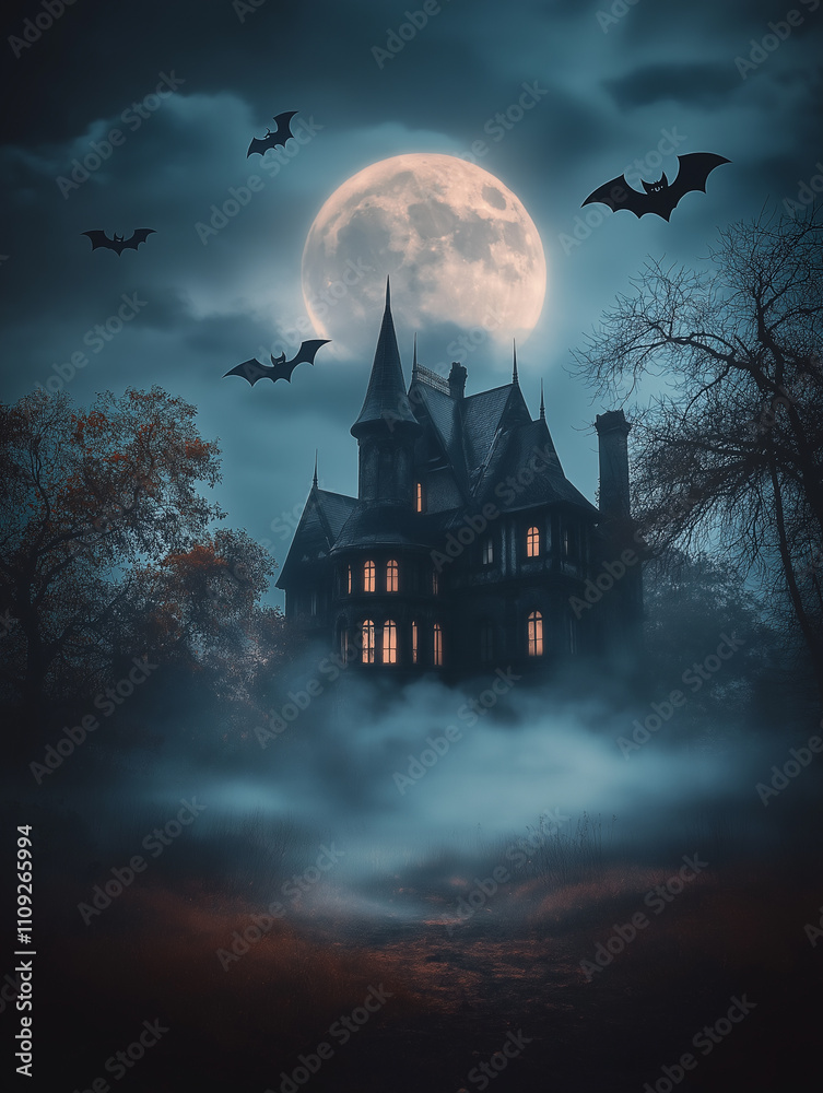 Haunted Castle at Night. Spooky Halloween Scene with Full Moon and Bats ...