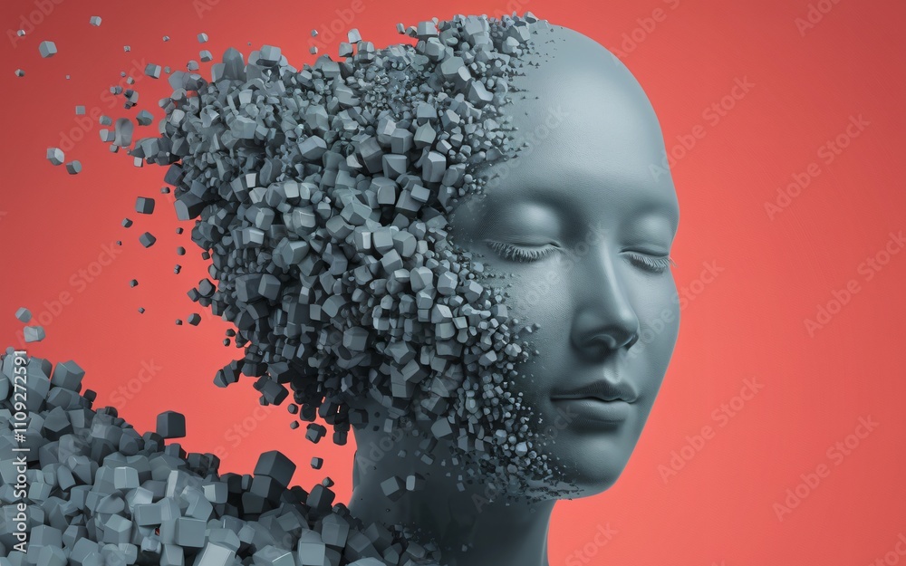 digital art piece with a granular, pixelated style. A serene face is ...