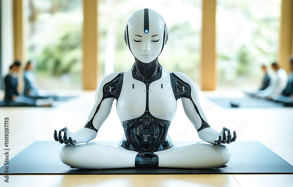 Futuristic humanoid robot practicing meditation in lotus position - AI ...