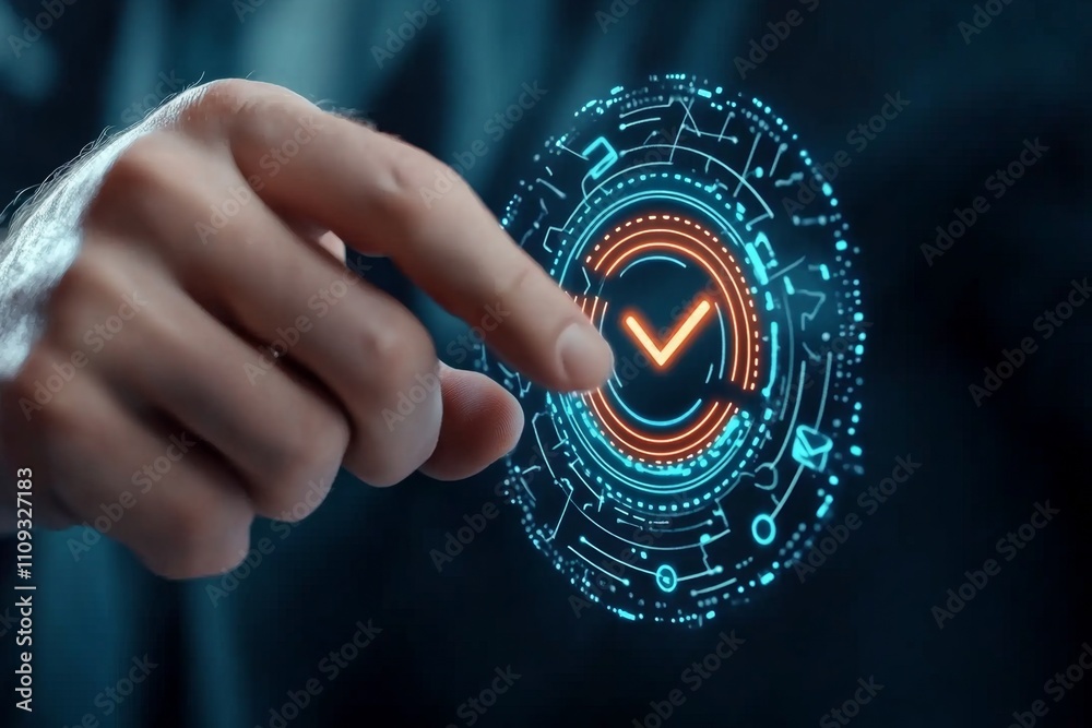 Hands navigating on a touchscreen with digital document icons, approval ...