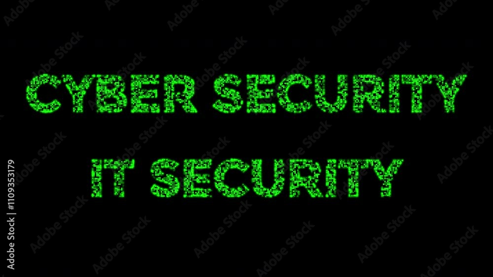 Abstract Animated It And Cyber Security Text With Moving Dots And Bits In Green Color And Glow