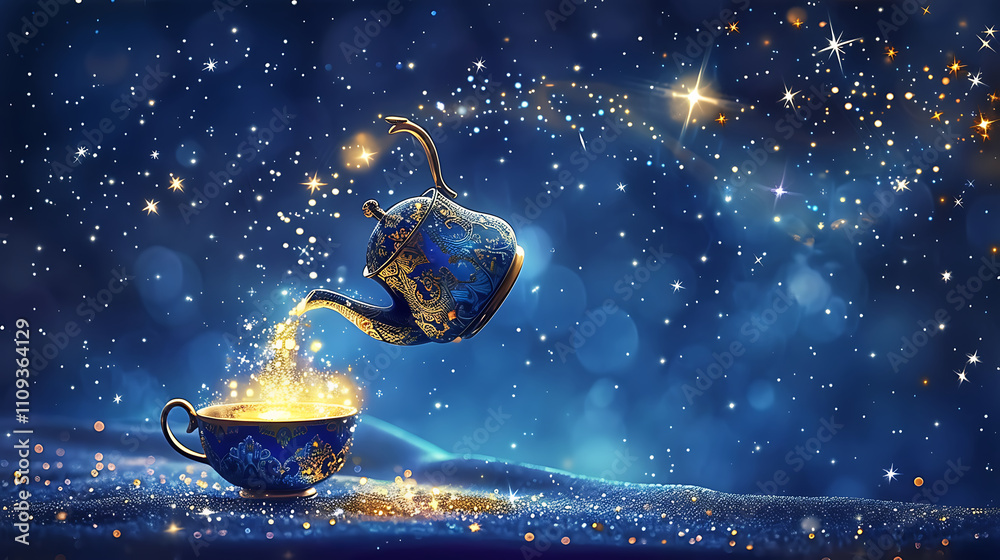 A magical scene of a stream of burning stars pouring into a teacup, set ...