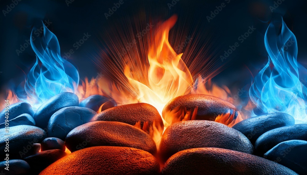 Blazing red and blue flame and fire burning with round pebble rocks ...