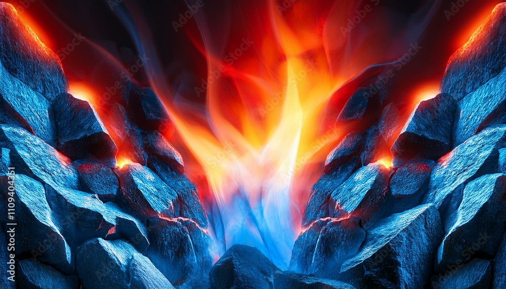 Blazing inferno with red and blue flame coming out from in between the ...