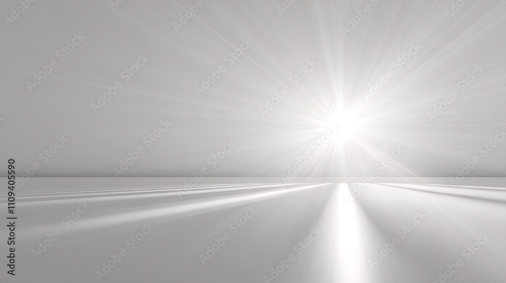A bright white light radiates intense beams across a smooth, reflective ...