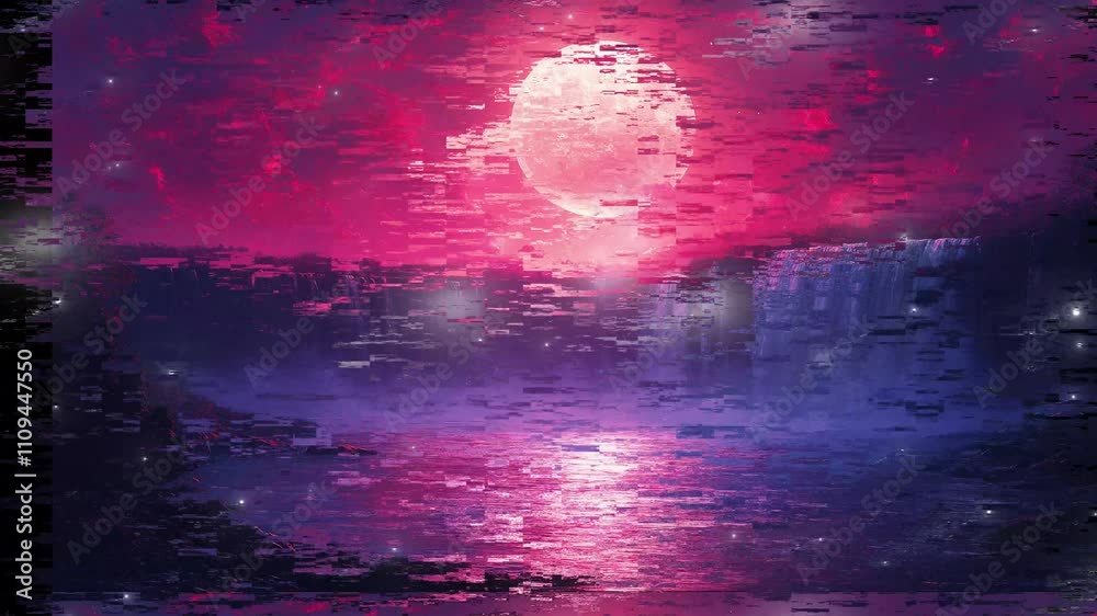 Majestic waterfalls illuminated by a vibrant full moon amidst pink ...