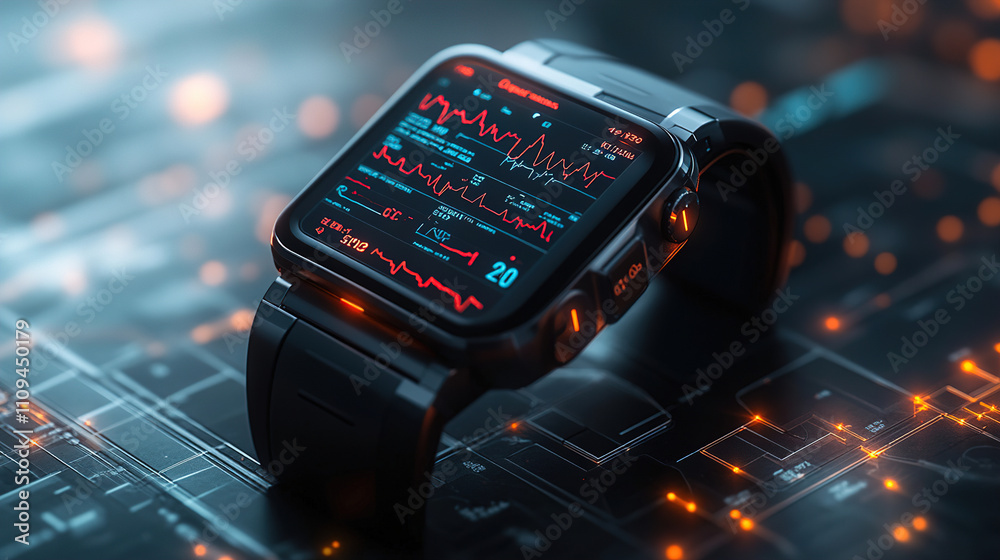 Smartwatch displaying health metrics and data on a futuristic interface ...