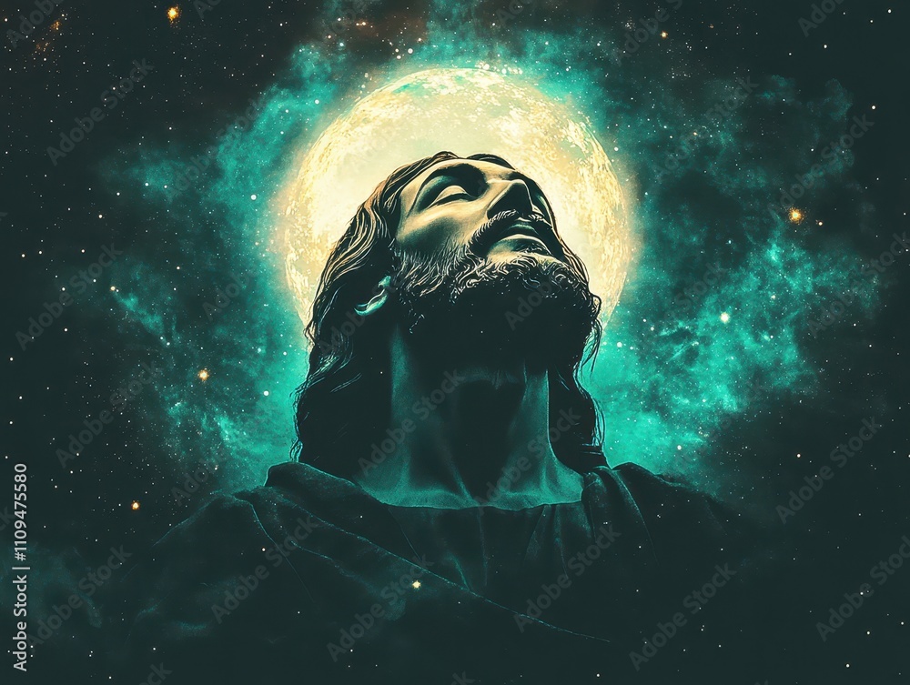 Minimalist cosmic Jesus artwork featuring a glowing globe, surrounded ...