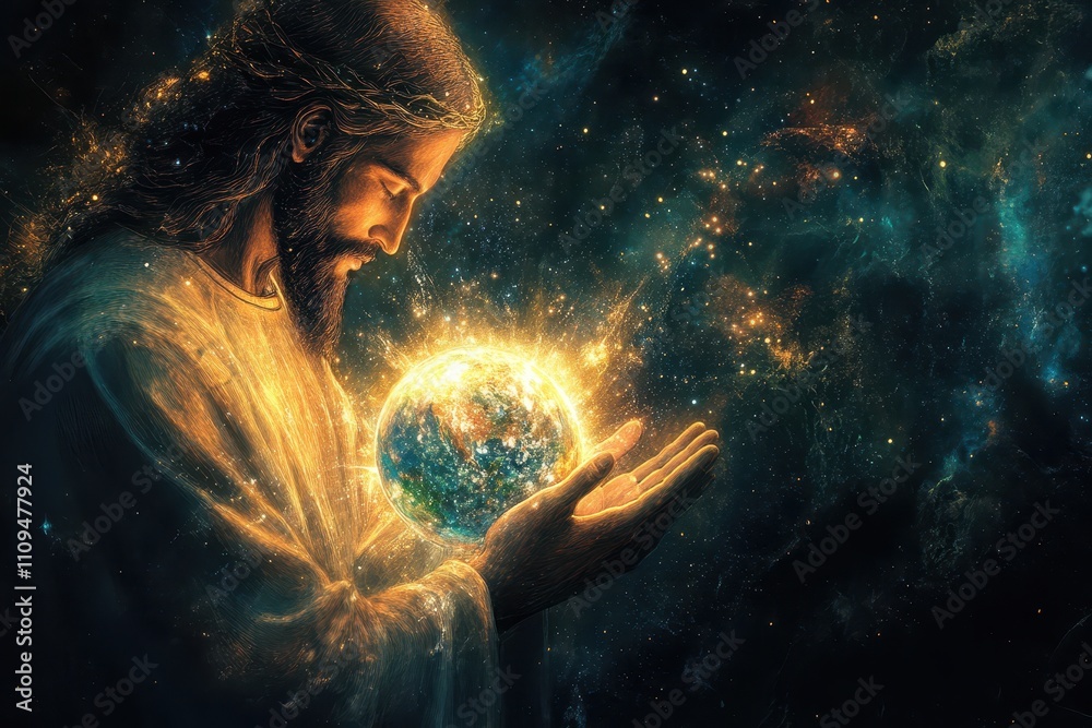 Radiant depiction of Jesus cradling the Earth in his hands, cosmic ...