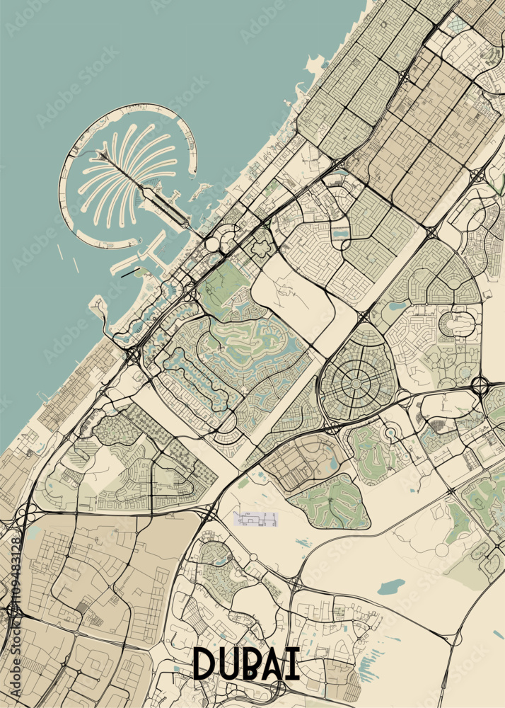 This detailed map showcases the city of Dubai, United Arab Emirates ...