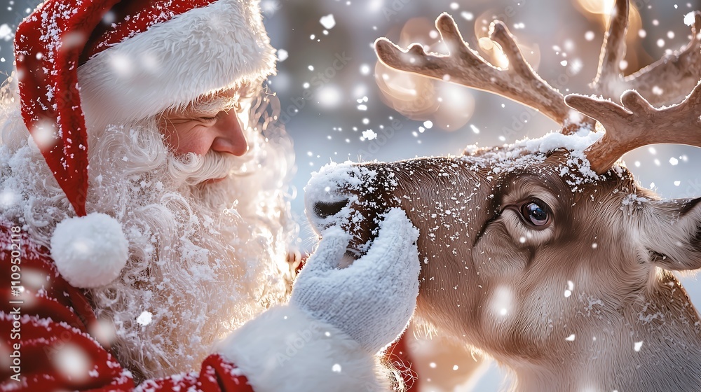Close-up of Santa gently brushing snow off the reindeer's fur in a ...
