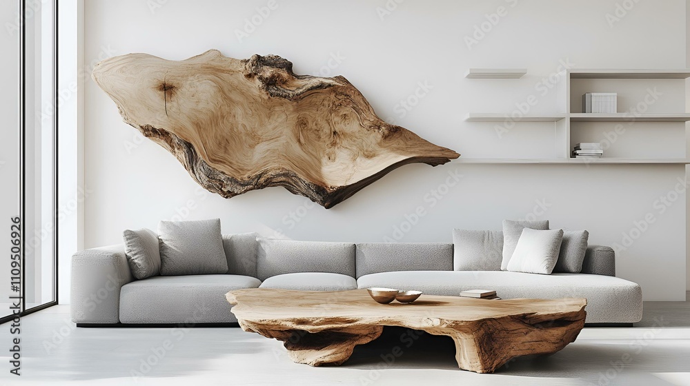 Minimalist living room featuring a live edge coffee table, grey sofa ...