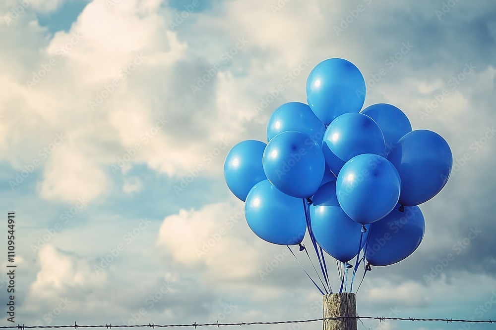 cluster of blue balloons tethered to fence post under cloudy sky ...