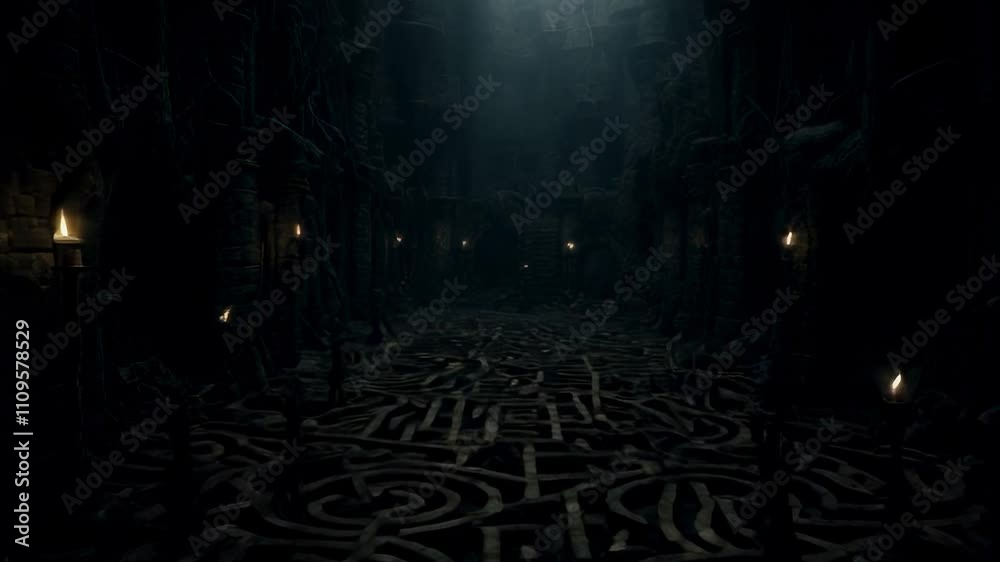 Dark scary castle courtyard with strange floor as maze, surreal gloomy ...
