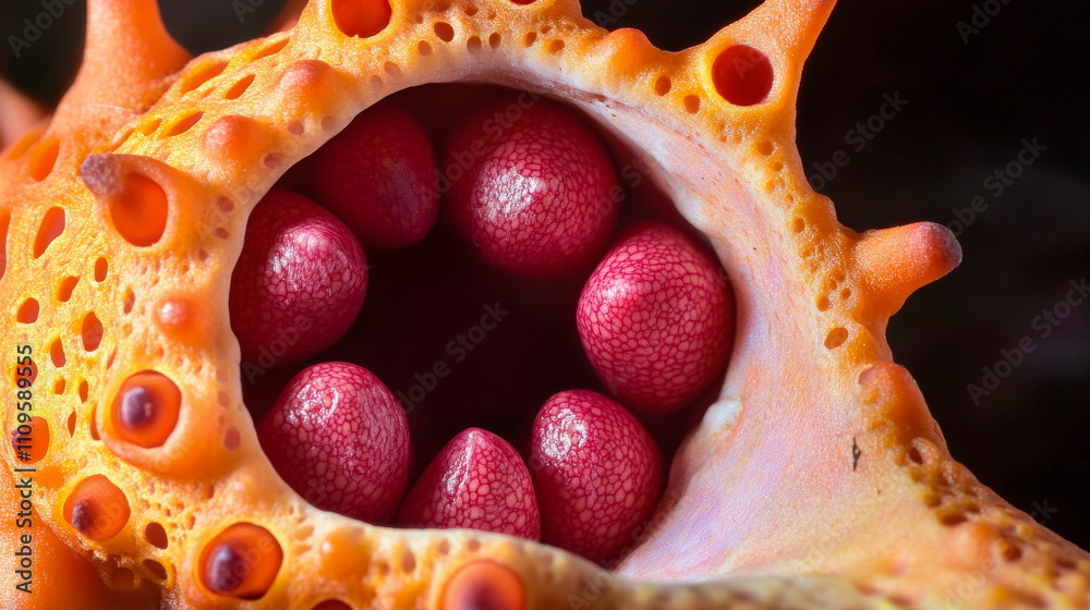 Close-up of a gac fruit with its bright orange exterior and deep red ...