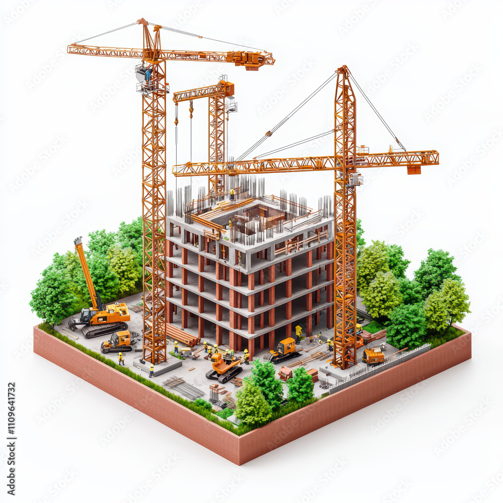 Construction site with cranes, scaffolding, and machinery. scene ...