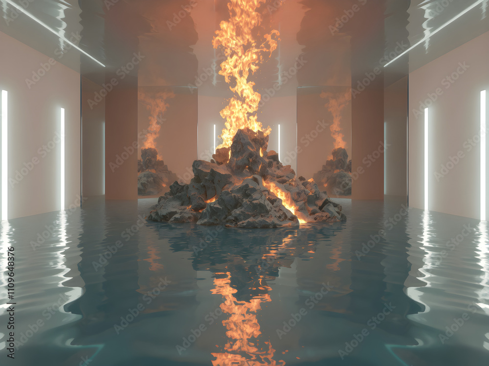 Blend water with fire inside of a floating island, mirrors, neon ...