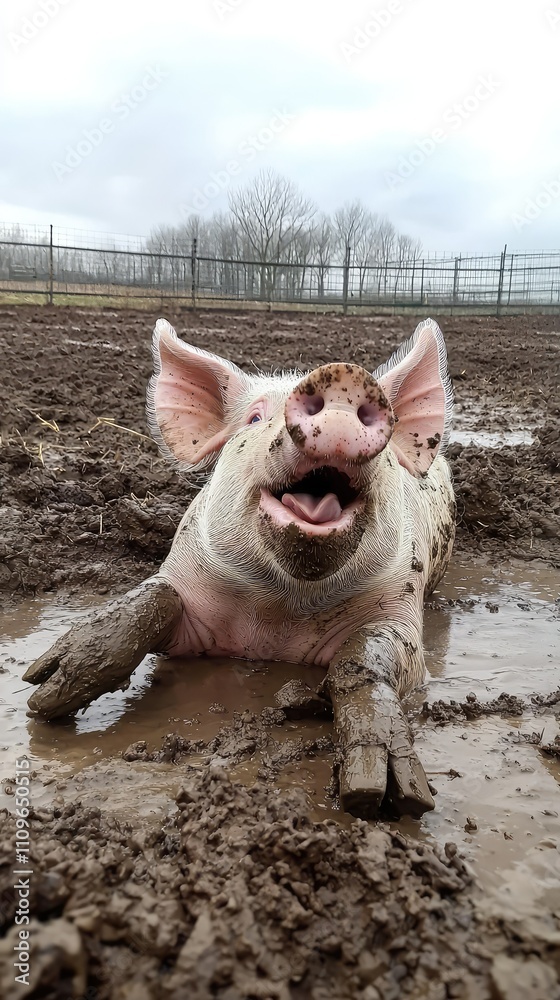 Happy Pig Playing in Mud, Enjoying a Fun Day Outdoors at a Farm ...