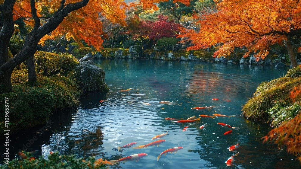 Tranquil Autumn Scene Featuring Colorful Koi Fish Swimming in a Serene ...