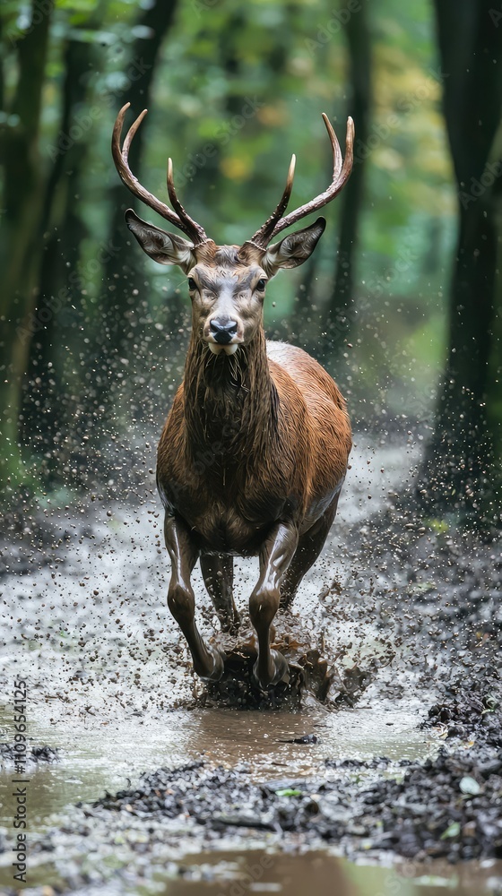 Majestic Stag Running Through Muddy Forest Path Surrounded by Lush ...