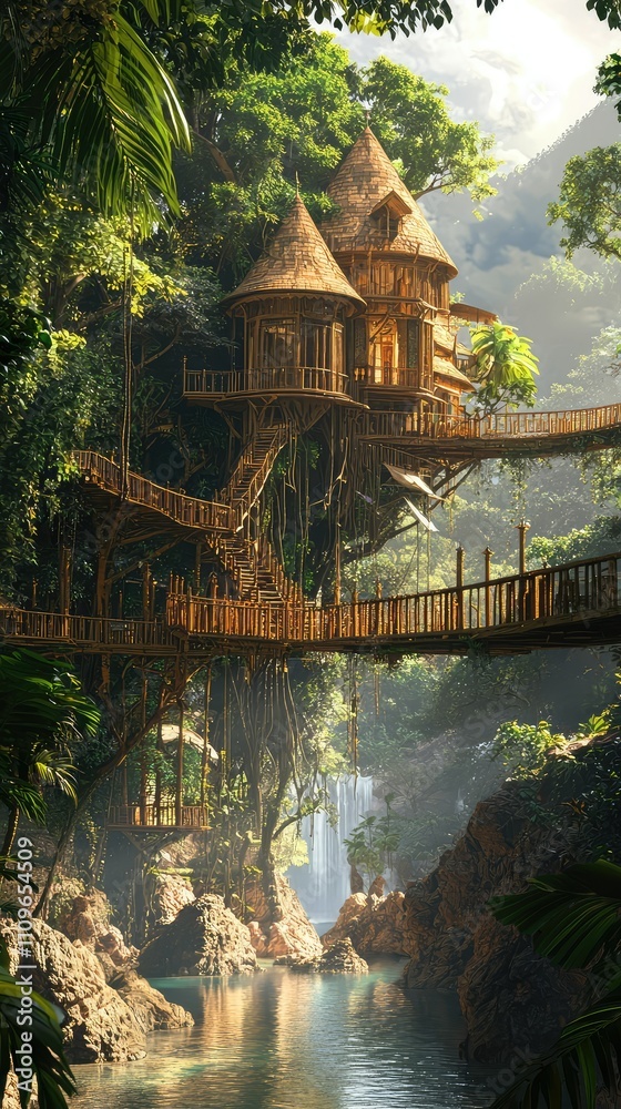 Enchanting Treehouse Community Surrounded by Lush Greenery, Waterfall ...