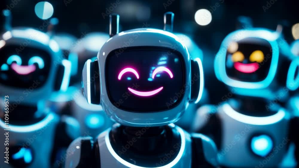 Smiling futuristic robots with colorful LED faces in group setting ...