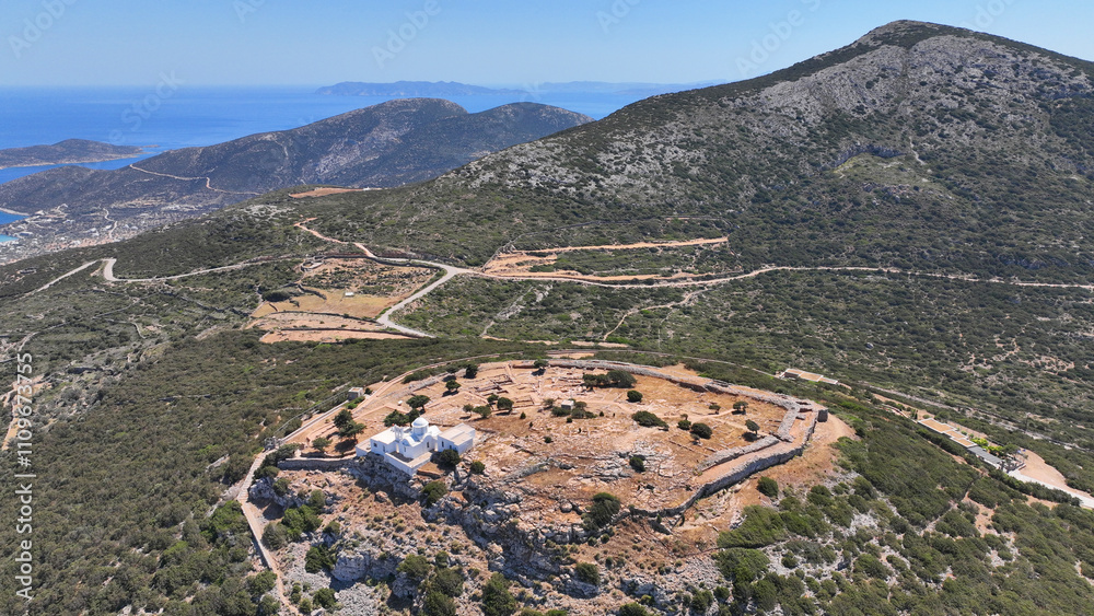 Aerial drone photo of archaeological site of the Mycenaean Citadel and ...