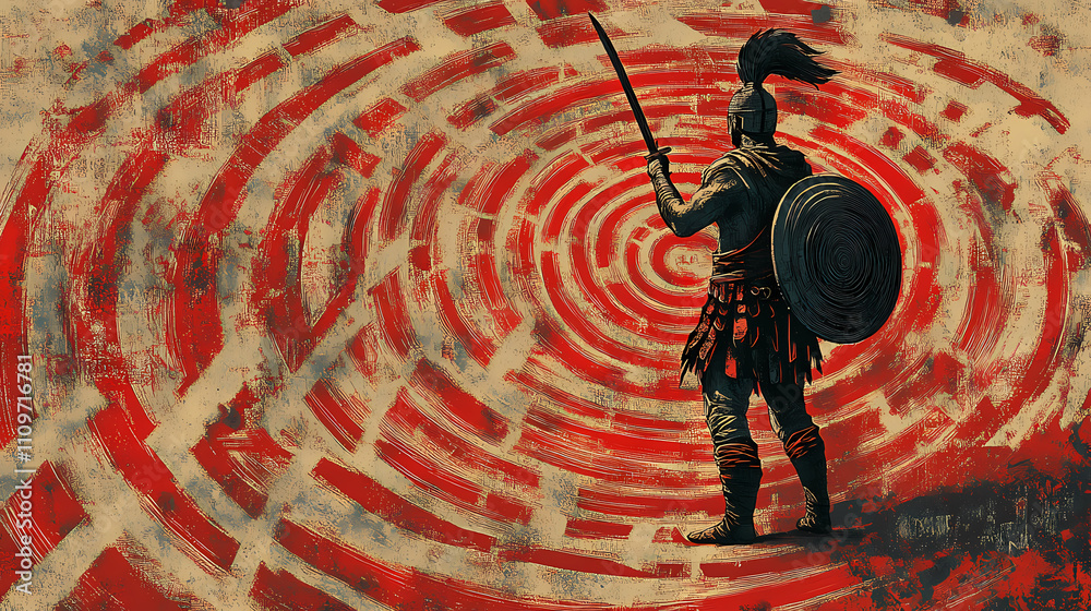 Mythical warrior in a labyrinthine background. Labyrinthine ...