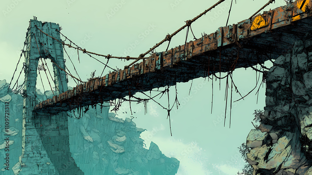 Poster A worn, labyrinthine bridge spans a yawning chasm, its twisted metal beams and rusty ...