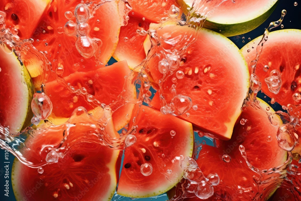 Juicy watermelon slices burst through water creating an inviting and ...