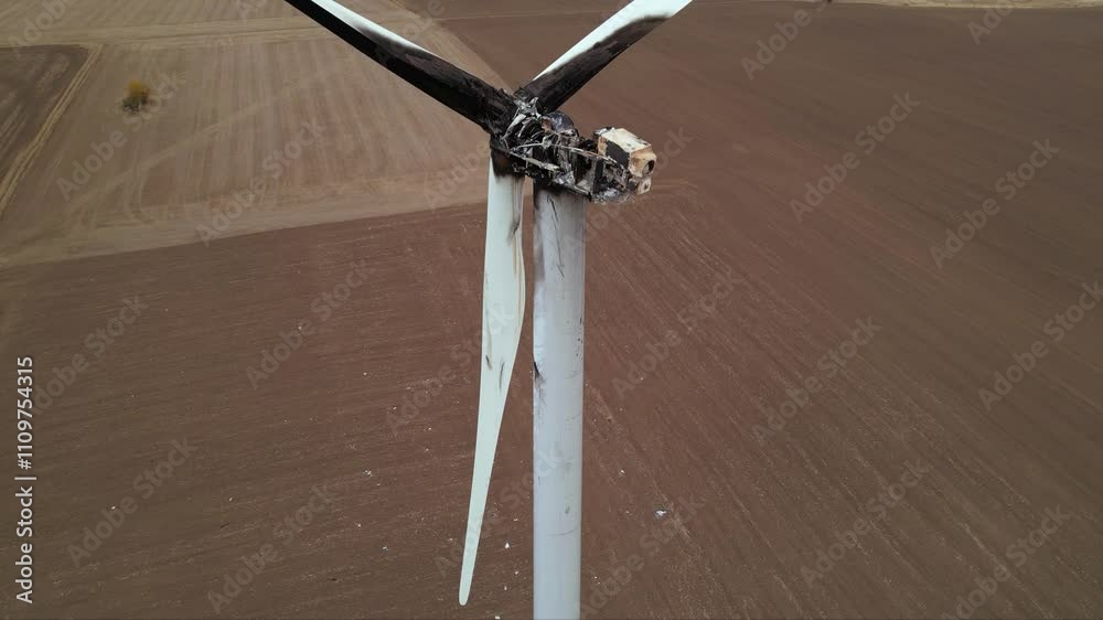 Close up footage of a burned down wind turbine generator. Lightning ...