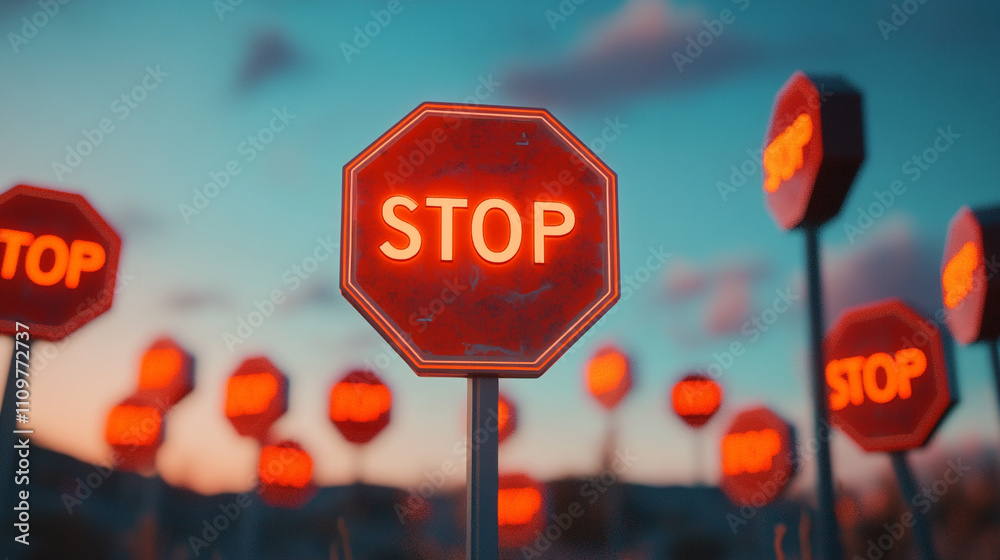 Illuminated Stop Signs at Sunset Warning Caution Road Safety Traffic ...