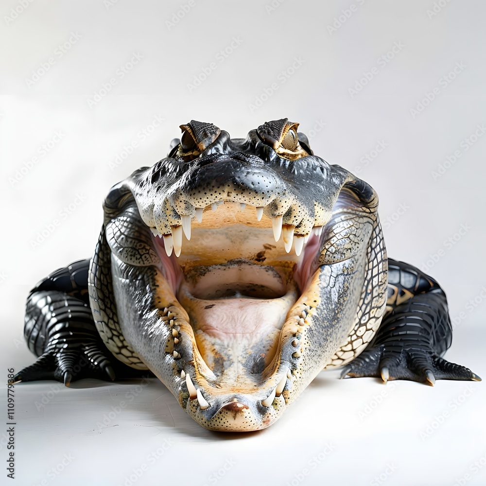 Close-up of an alligator with its mouth wide open, showcasing its sharp ...