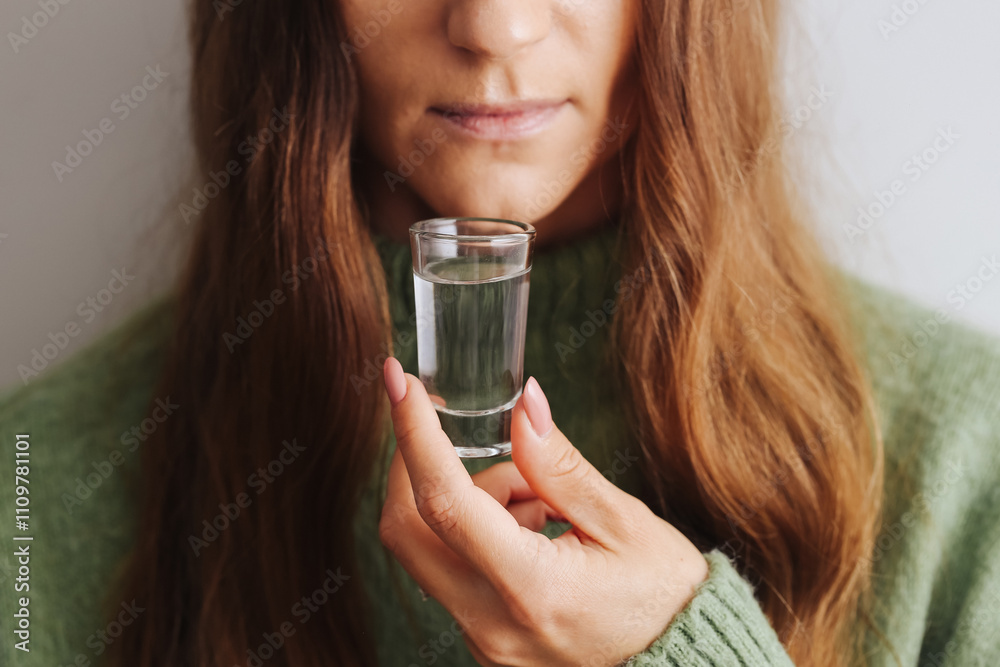 Woman holding vodka shot. Alcohol addiction concept. Drinking problem ...