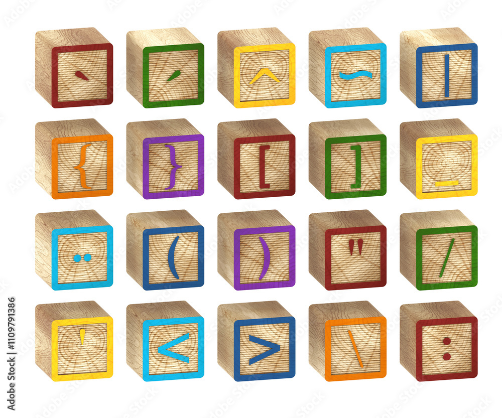 3D rendering set of colorful wooden blocks special characters without ...