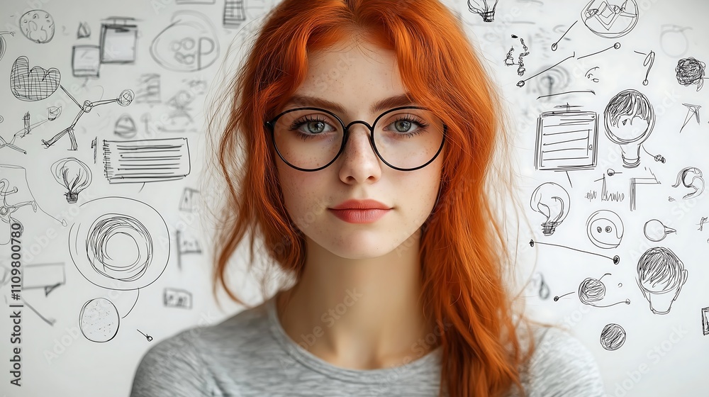 A woman with red hair on a laptop, with illustrations around her head to show her ADHD problem ...