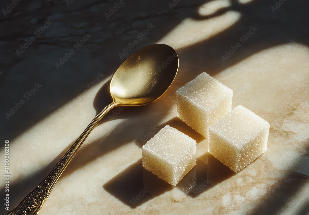Foto de Four sugar cubes sit on a marble surface beside a golden spoon ...