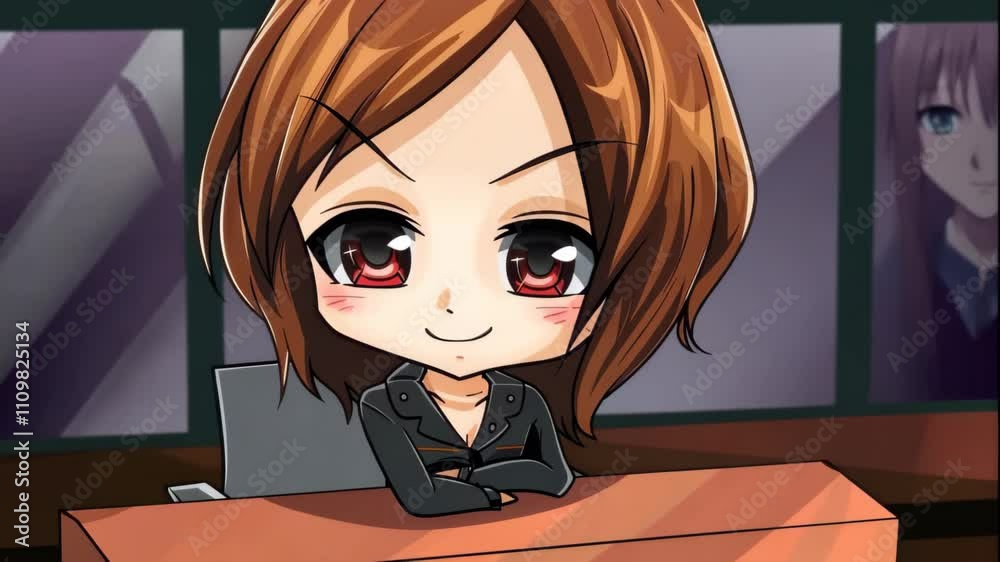 Cute yearold female chibi cartoon news anchor sitting behind a desk in ...