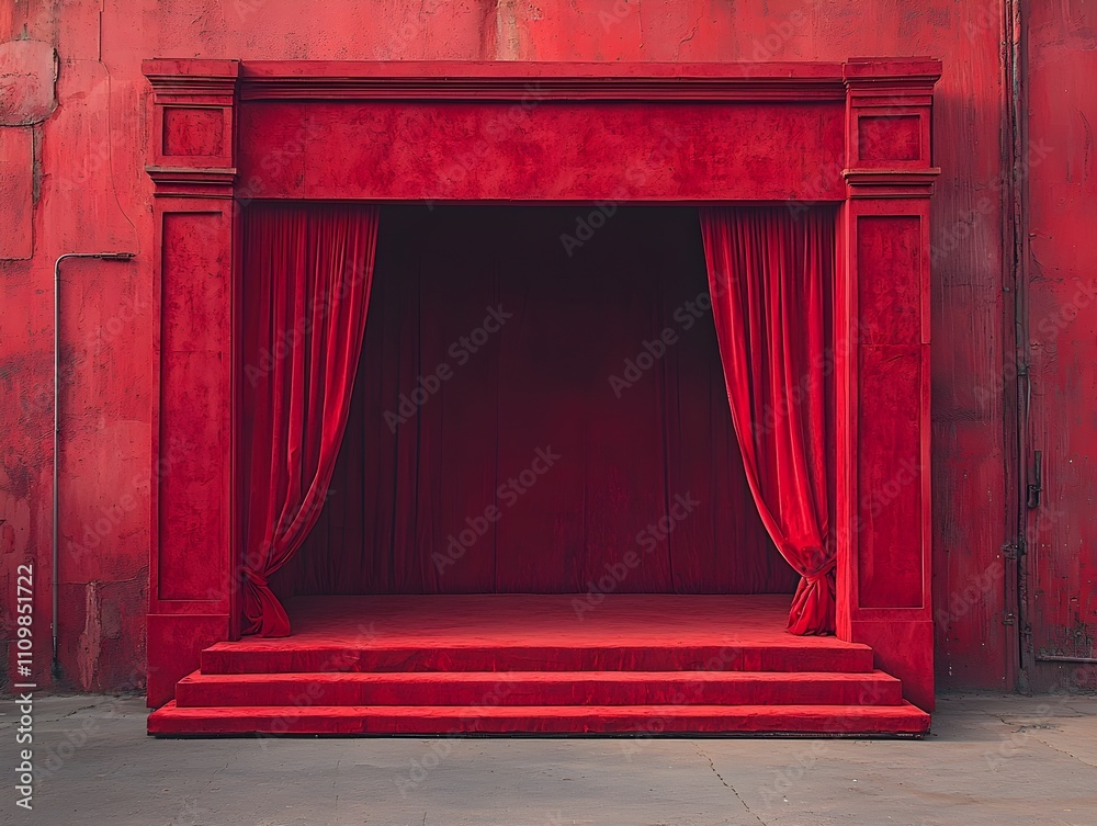 A small red velvet puppet theater with an open curtain at the entrance ...