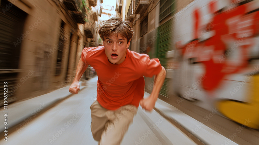 young man running through narrow street, showing urgency and ...