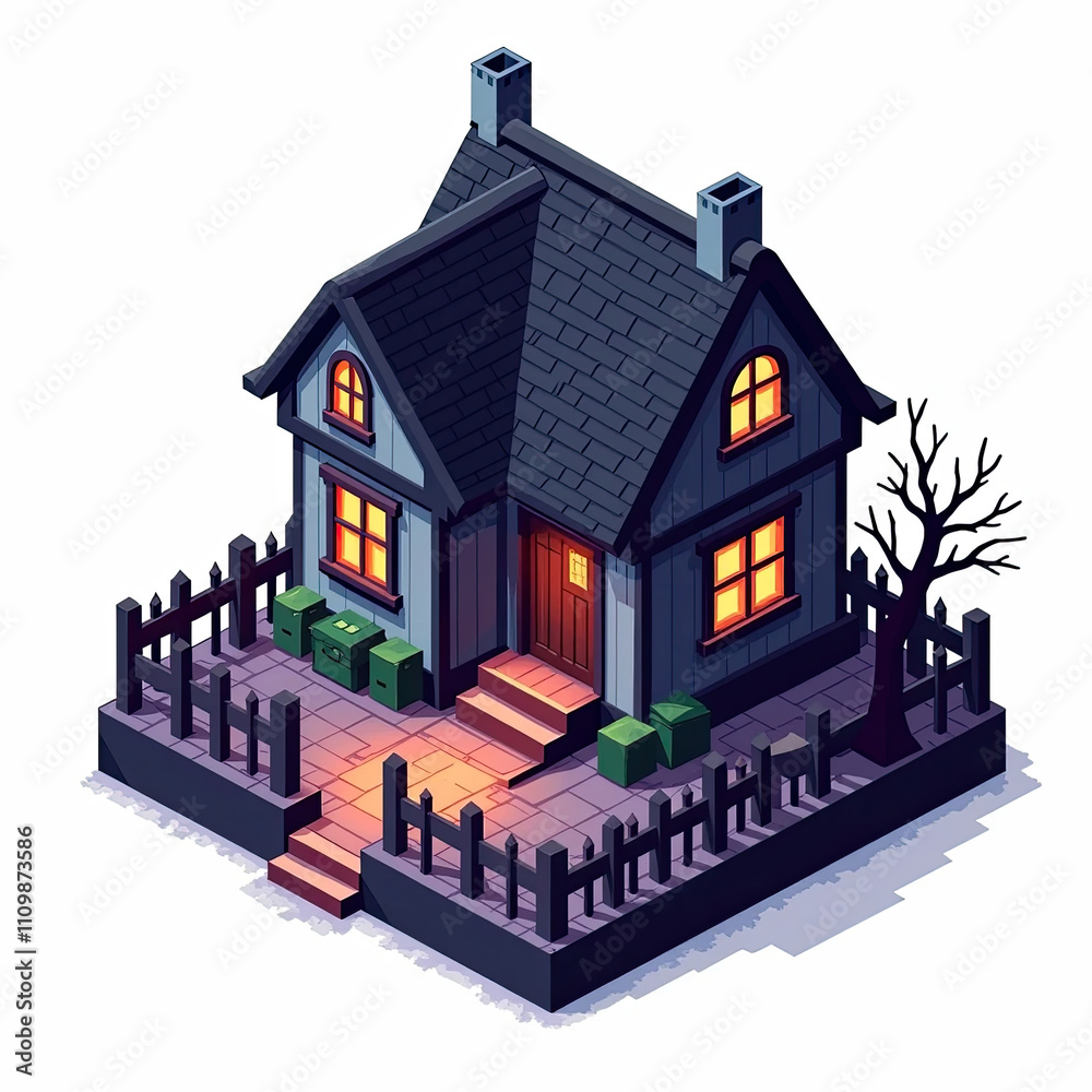Cartoon of a cozy haunted house with fences and glowing windows for a ...