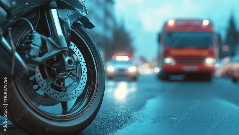 Accident Scene: Motorcycle Wheel Close Up with Blurred Emergency ...