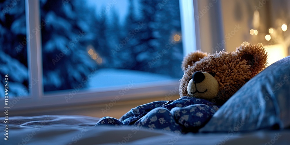 bear wearing pajamas, sleeping in bed, winter snow outside Stock Photo ...