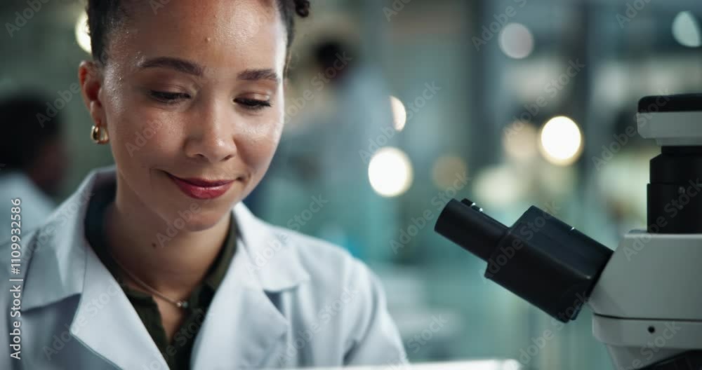 Scientist, woman and microscope with smile, report and chemistry for ...