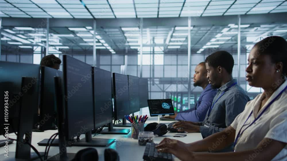 Computer scientists in data center implementing AI predictive maintenance systems. Server farm ...