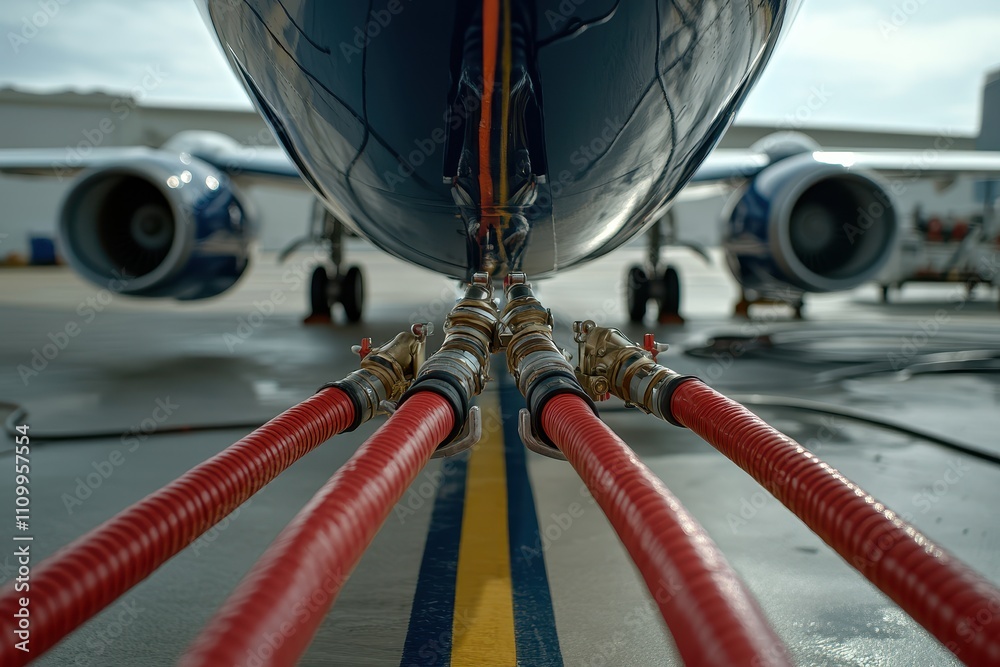 Red fuel hoses connect to an aircraft. This image depicts the refueling ...